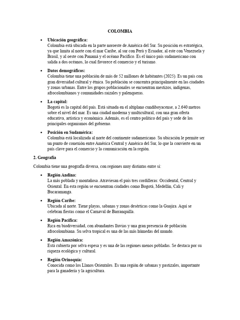 Colombia: Geografía, Cultura y Economía | PDF | Colombia | América del Sur