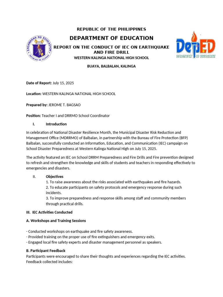 IEC On Earth Quake and Fire Drill | PDF | Emergency Management | Fire ...