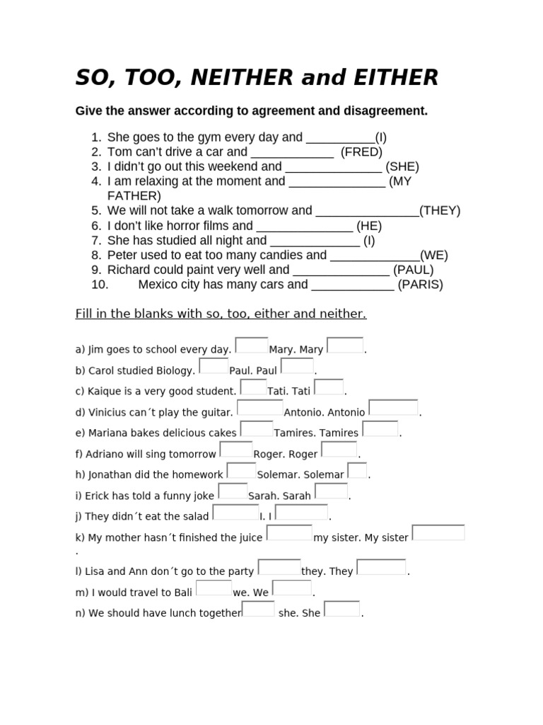 So Too Neither And Either Practice Pdf
