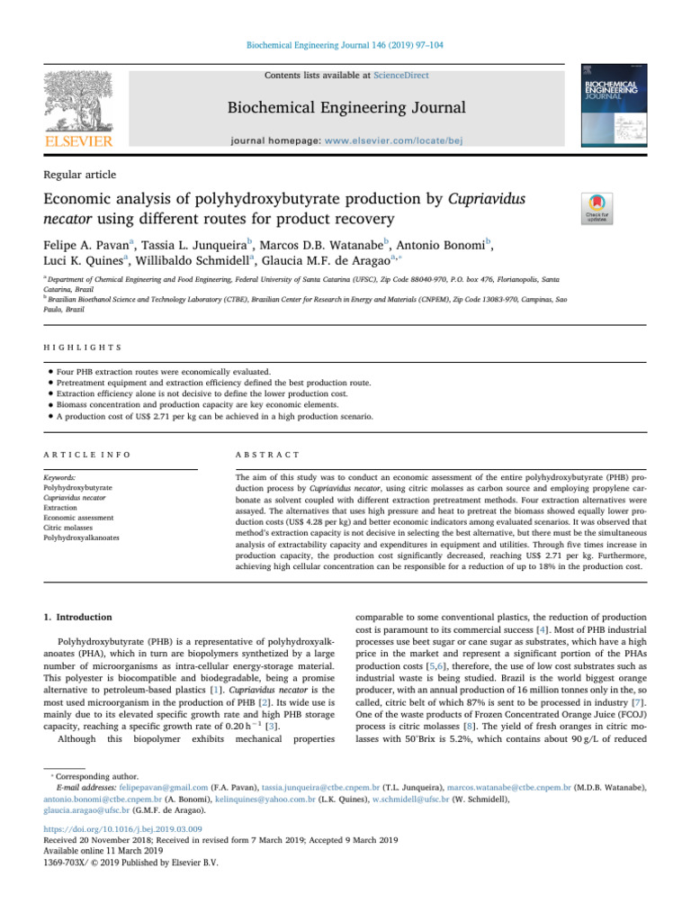 T M Economic Analysis of Polyhydroxybutyrate Production by Cupriavidus ...
