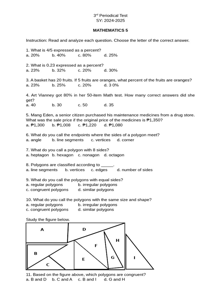 5th Grade Math Periodical Test 2024 | PDF | Circle | Polygon