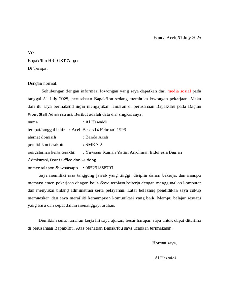 Surat Lamaran Kerja jnt | PDF