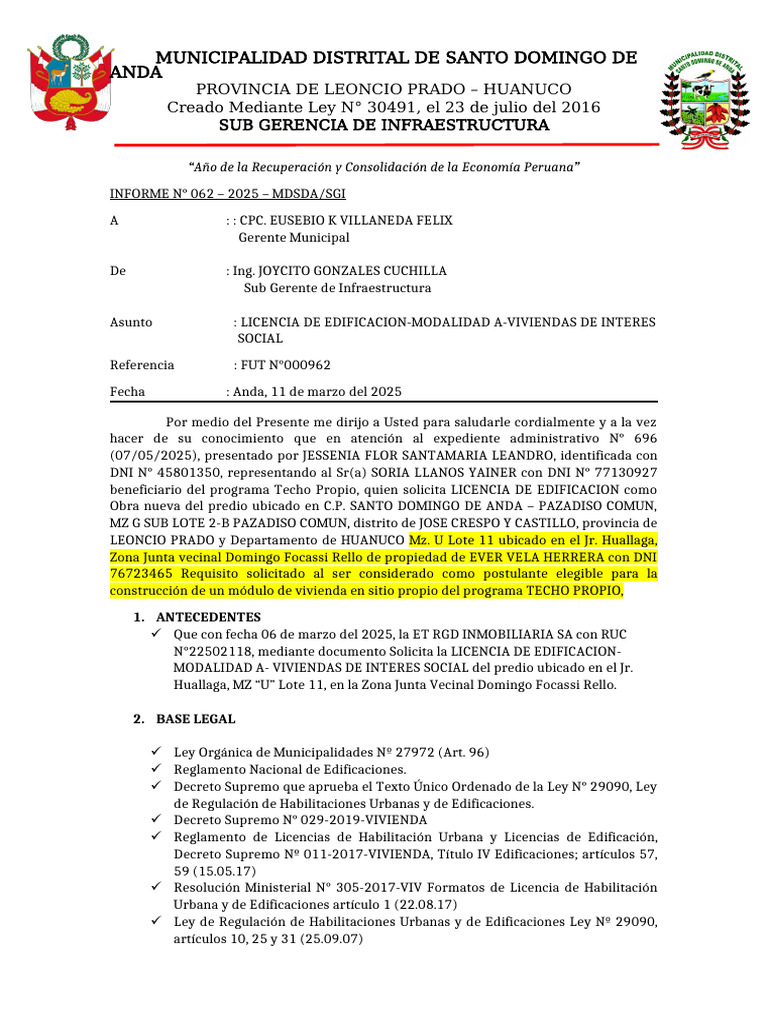 INFORME N° 062 - 2025 LICENCIA DE EDIFICACION DE EVER VELA HERRRERA (1) | PDF | Fundación ...