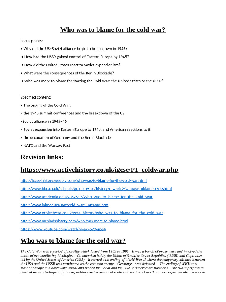 Blame for the Cold War Explained | PDF | Cold War | Joseph Stalin