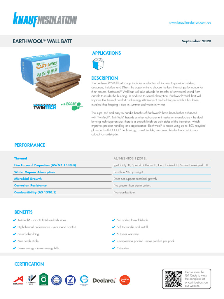 Knauf Earthwool Wall Batts Datasheet Sep23 | PDF | Building Insulation | Lumber