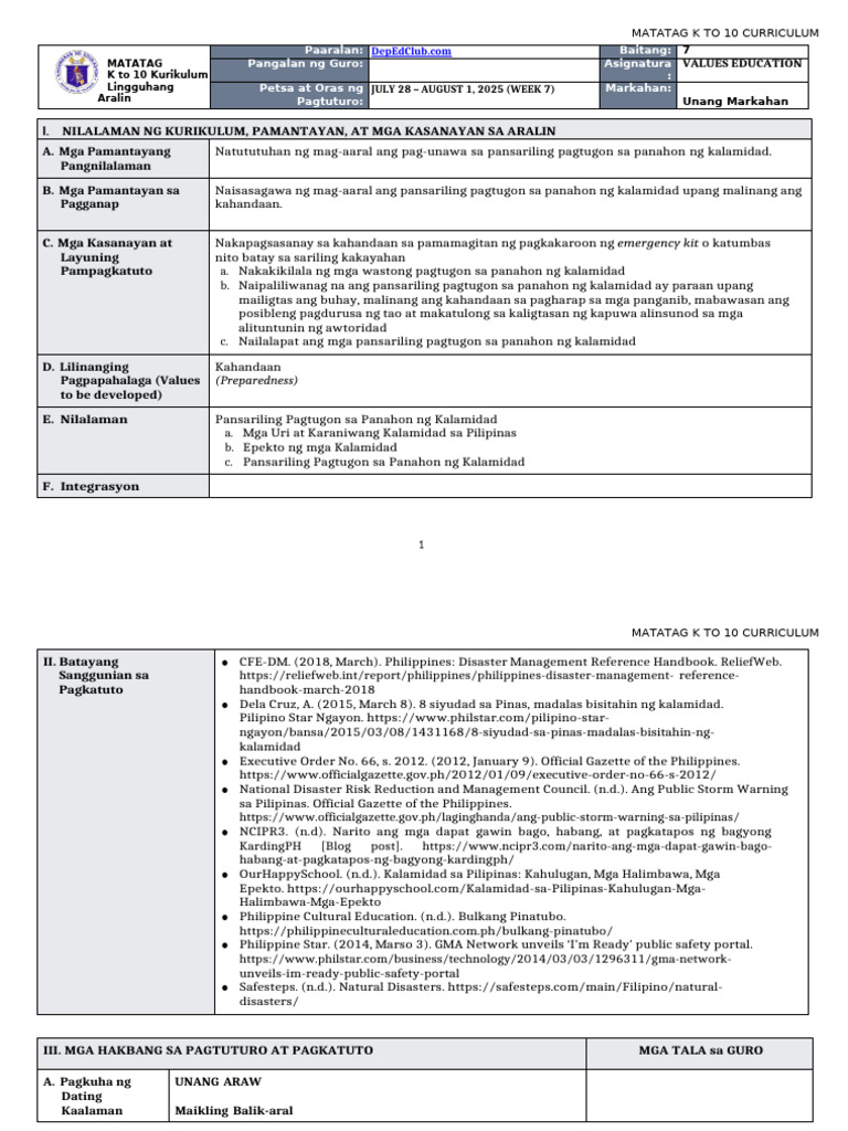 DLL Matatag - Values Education 7 Q1 W7 | PDF
