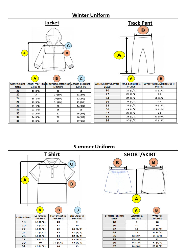 Uniform SIze Chart For Portal | PDF