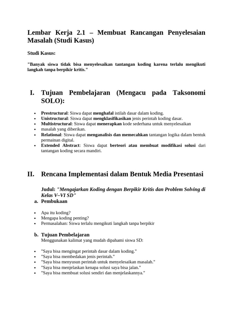 Lembar Kerja 2.1 - Membuat Rancangan Penyelesaian Masalah (Studi Kasus) | PDF