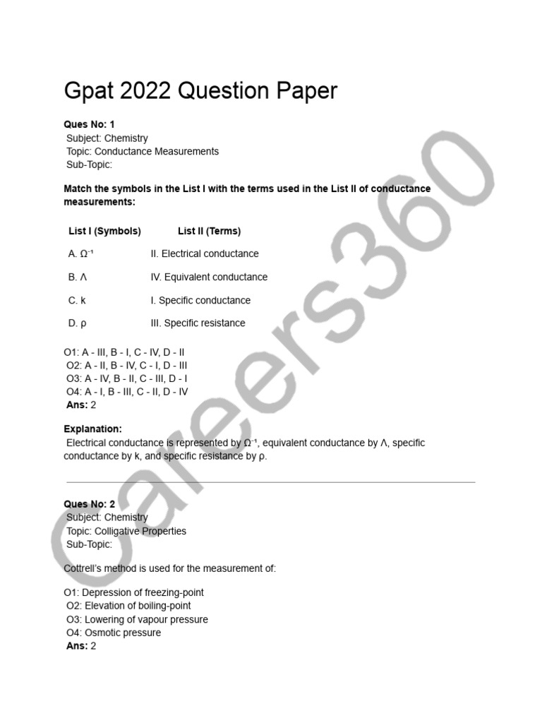 GPAT 2022 Chemistry Question Paper | PDF | Bioavailability | Gram ...