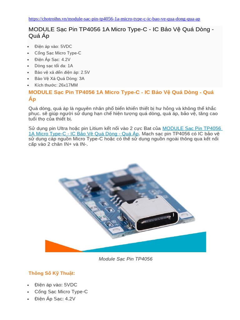 Module Sạc Pin Tp4056 1a Micro Type-c - Ic Bảo Vệ Quá Dòng - Quá Áp | PDF