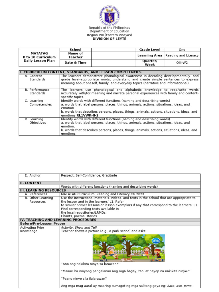 Reading and Literacy Lesson Plan | PDF | Learning | Word