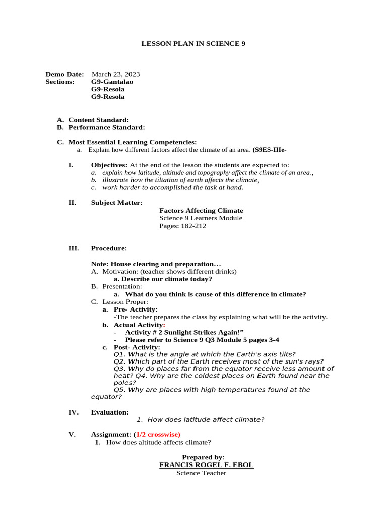 Science 9 Climate Factors Lesson Plan | PDF