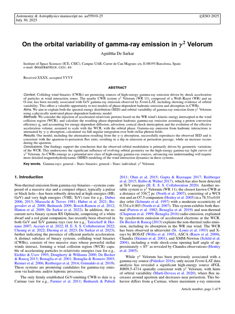 On The Orbital Variability of Gamma-Ray Emission in Velorum | PDF ...