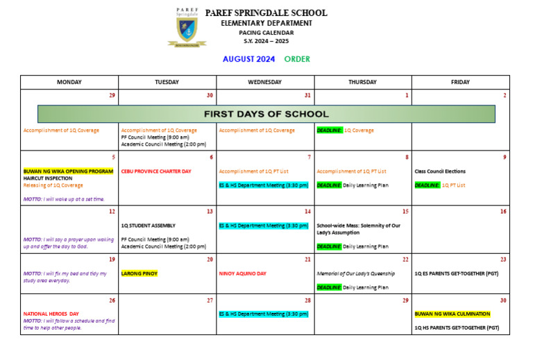 August - ES Pacing Calendar (S.Y. 2024-2025) | PDF