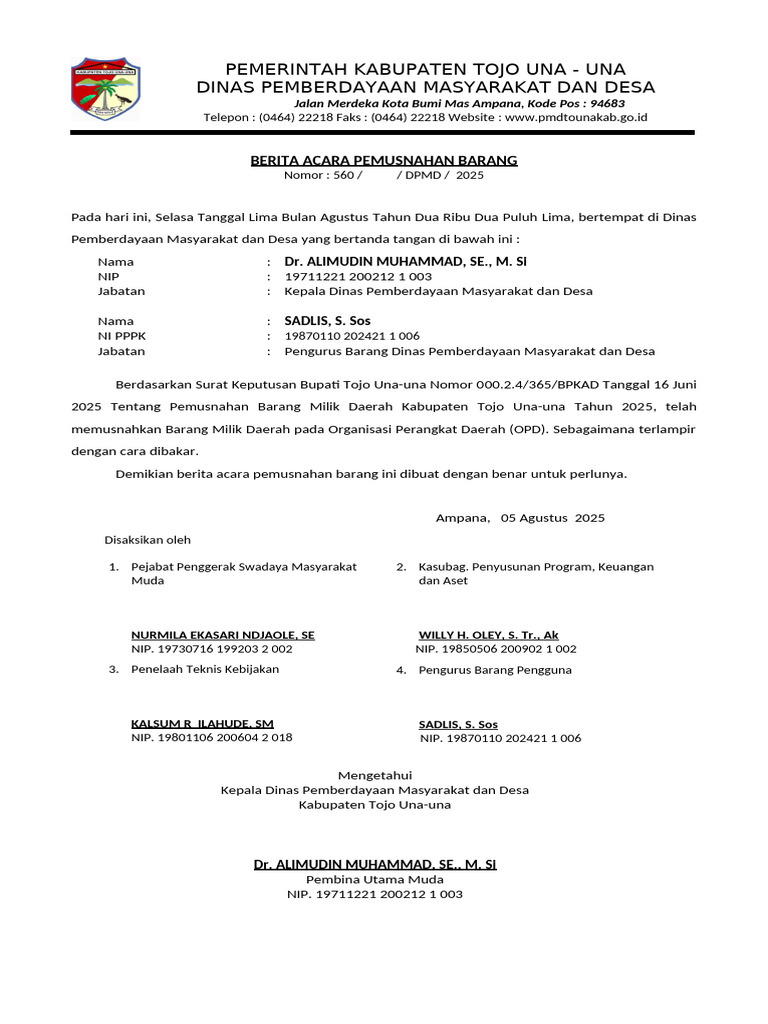 Berita Acara Pemusnahan Barang Daerah | PDF
