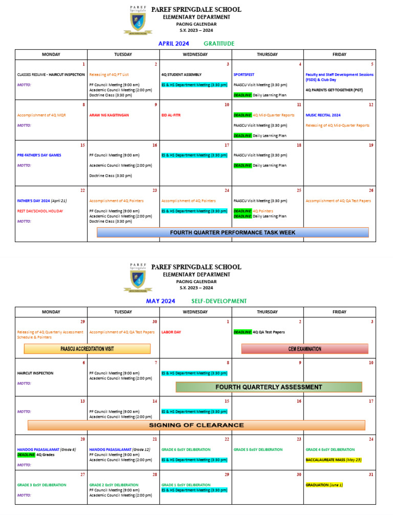 ES Pacing Calendar (S.Y. 2023-2024) - April & May | PDF