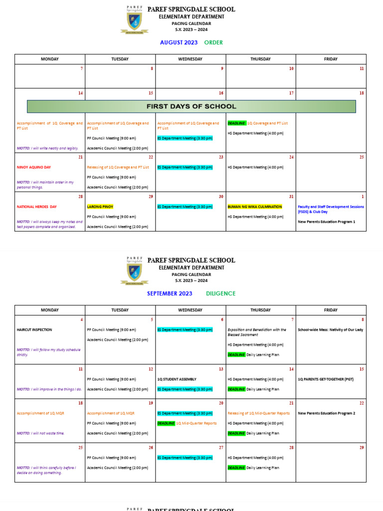 ES Pacing Calendar (S.Y. 2023-2024) | PDF