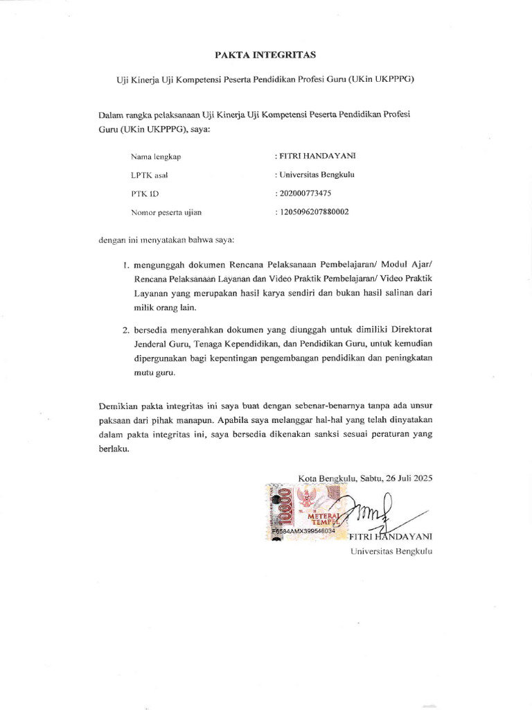 PAKTA INTEGRITAS FITRI HANDAYANI | PDF