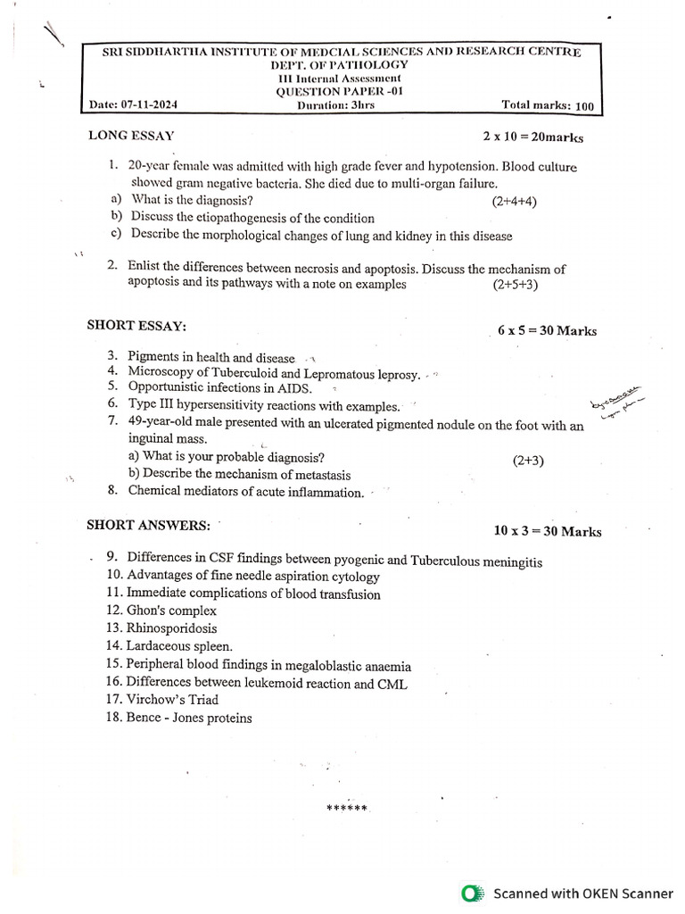 II MBBS 3rd Internal Assesment Pathology Paper-01&02 | PDF