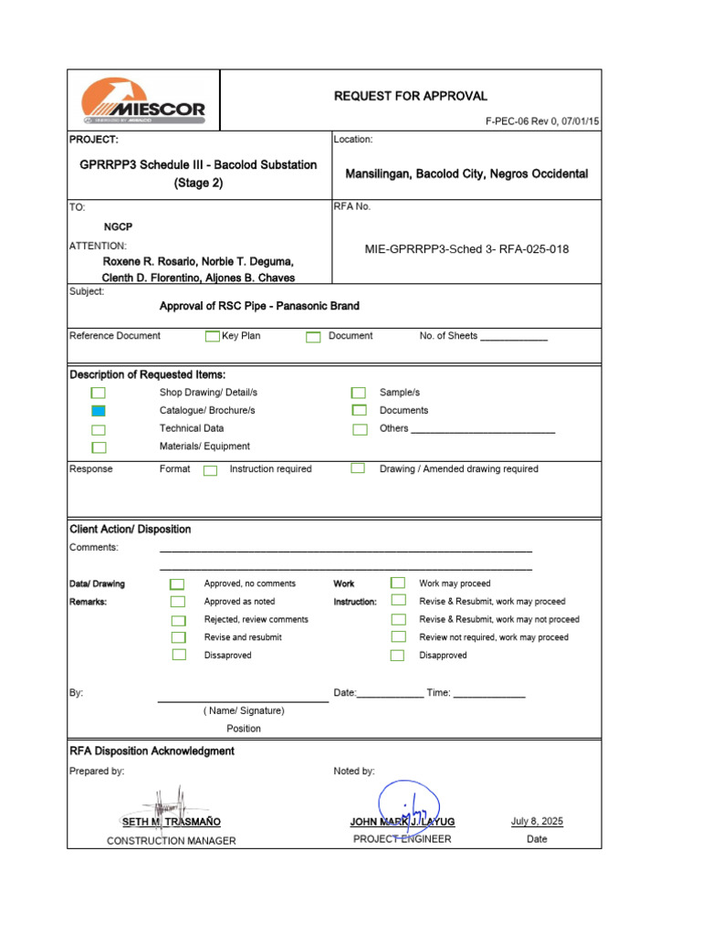 Panasonic RSC Pipe Approval Request | PDF | Rust | Pipe (Fluid Conveyance)