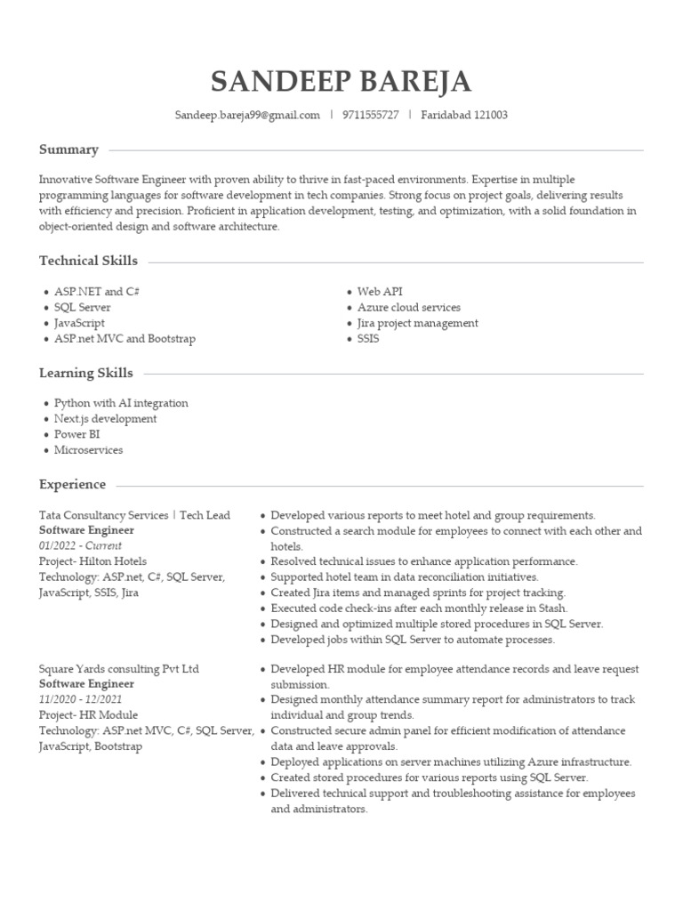 Sandeep Bareja Resume | PDF | Microsoft Sql Server | Software Development