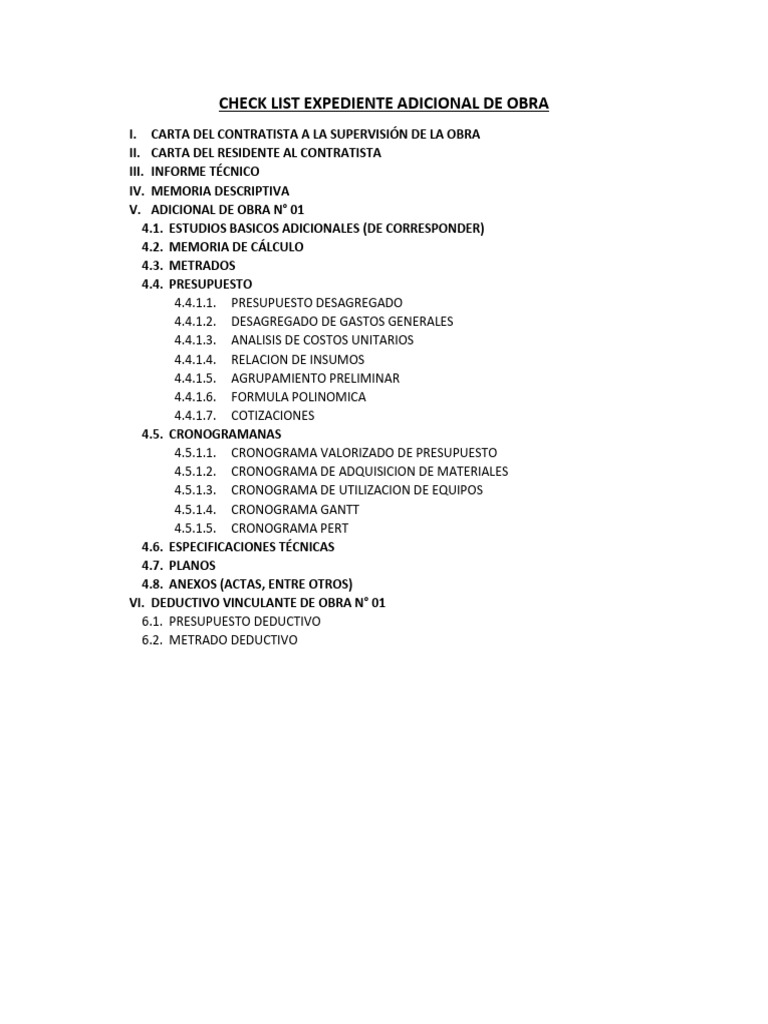 Check List Expediente Adicional de Obra | PDF