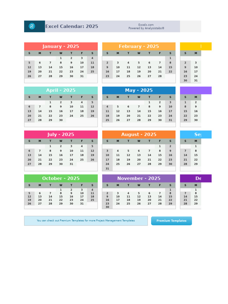 2025 Excel Calendar Template | PDF | Software | Computing