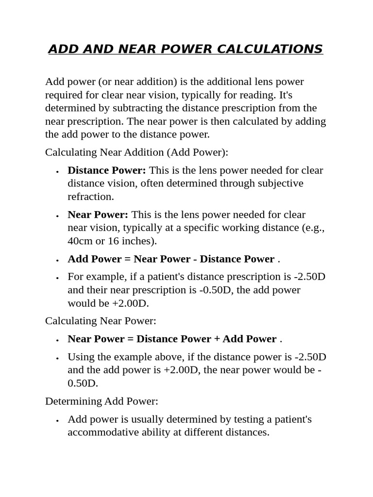 Add and Near Power Calculation | PDF | Light | Ophthalmology
