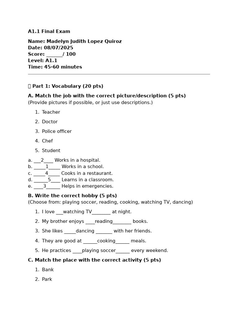 A1.1 English Final Exam Overview | PDF