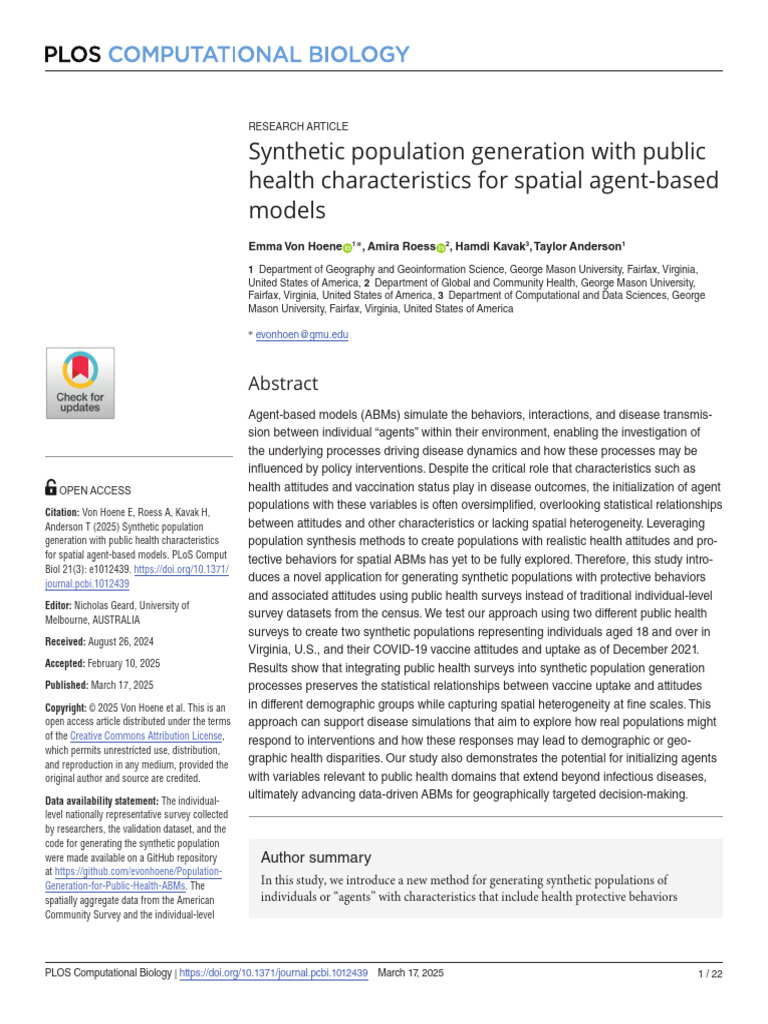 Von Hoene 2025 Synthetic Population Generation Wit | PDF | Agent Based ...