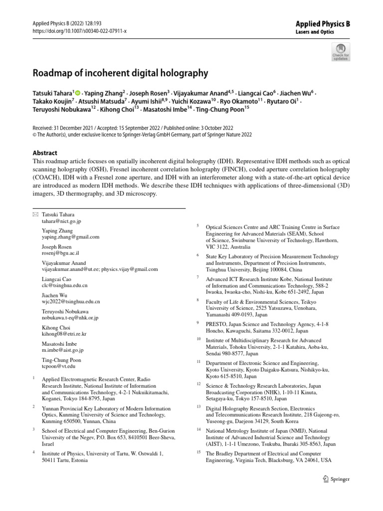 Roadmap of Incoherent Digital Holography | PDF | Coherence (Physics ...
