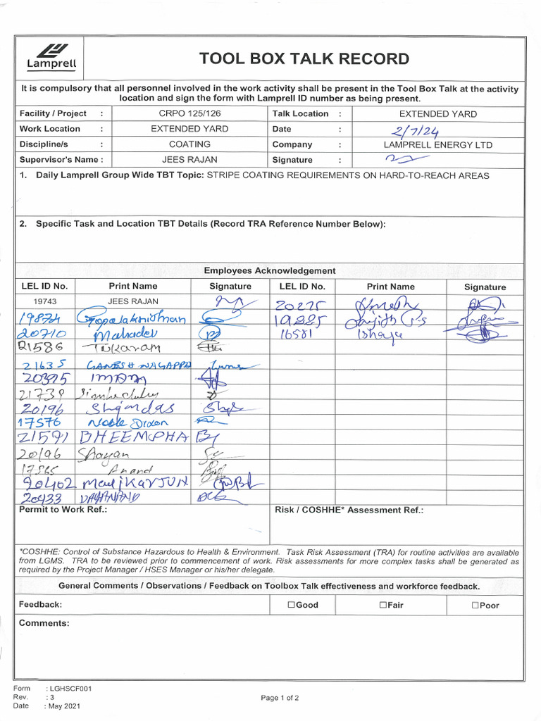 Tool Box Talk Record for Coating Tasks | PDF