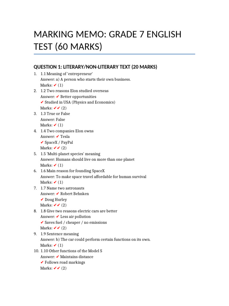 Grade 7 English Test Marking Memo | PDF | Word | Elon Musk