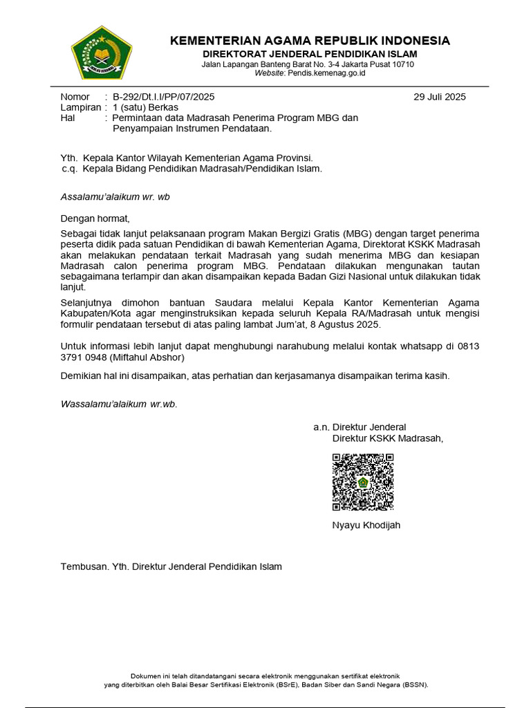 20250731133219surat Permintaan Data Dan Instrumen MBG Di Madrasah Tte | PDF