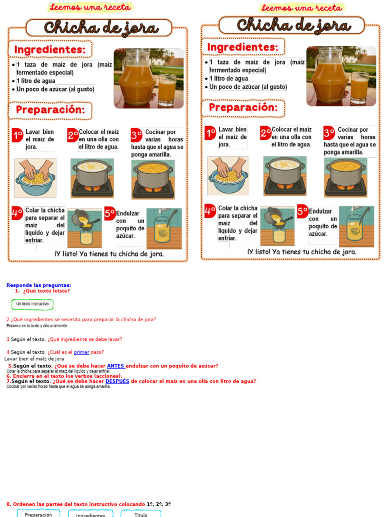 Ficha Leemos Una Receta de Una Bebida Peruana Chicha de Jora Maestra Janet | PDF