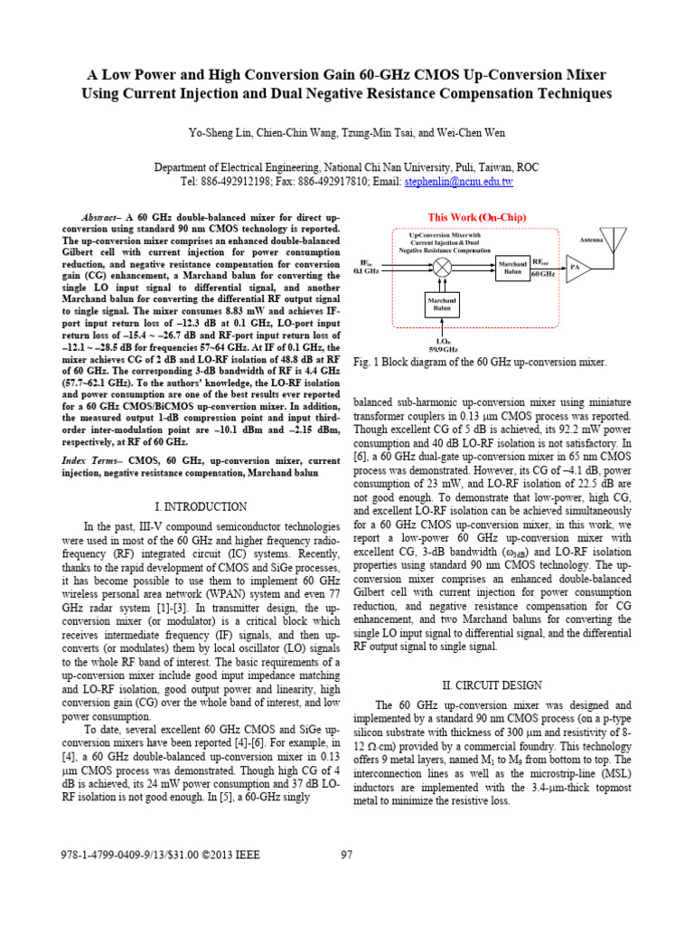 A Low Power and High Conversion Gain 60-GHz CMOS Up-Conversion Mixer ...