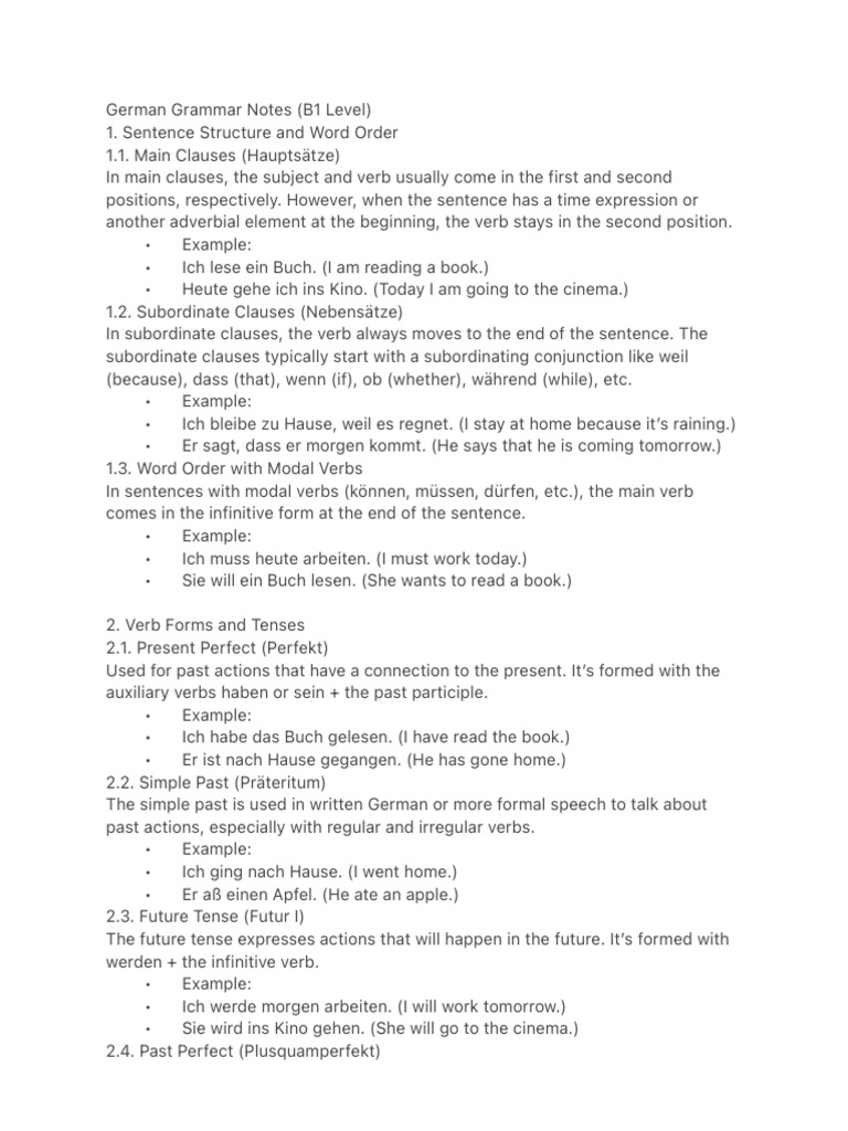 German Grammar Notes (B1 Level) | PDF | Verb | Syntactic Relationships