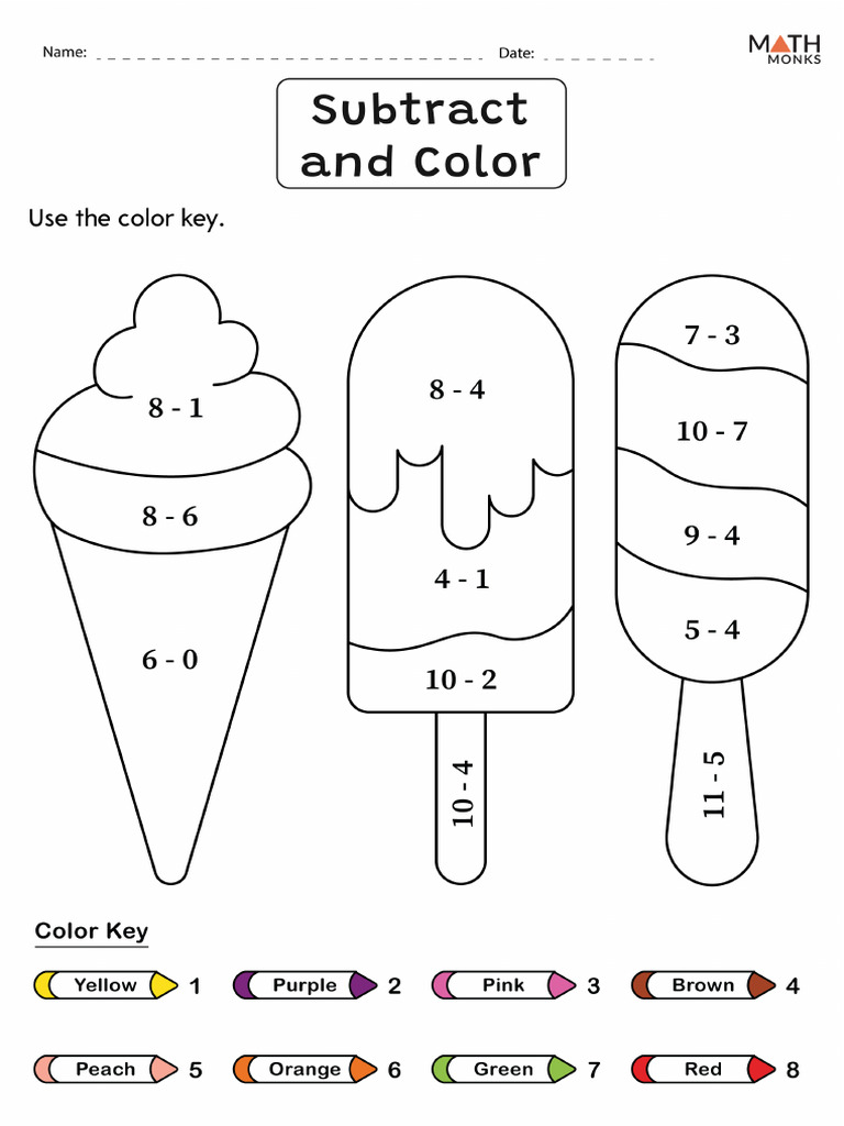 Free First Grade Subtraction Coloring Worksheet | PDF