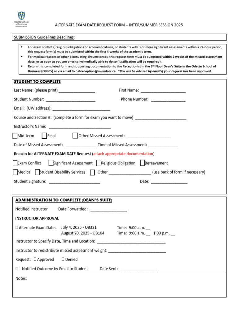 Alternate Exam Date Request Form 2025 | PDF