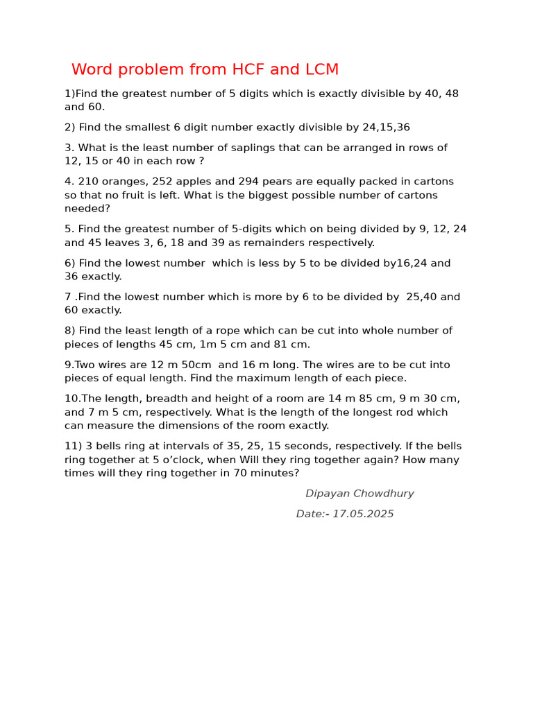 Word Problem From HCF and LCM | PDF