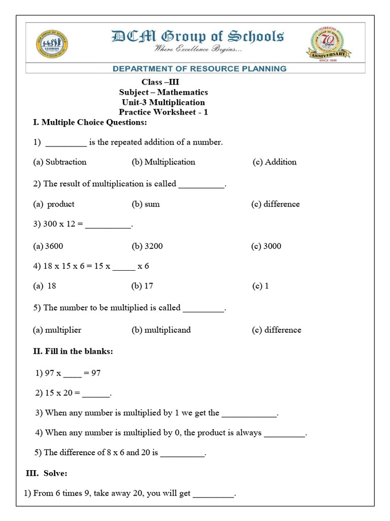 Class 3 Maths MCQ Worksheet | PDF | Multiplication | Elementary Mathematics