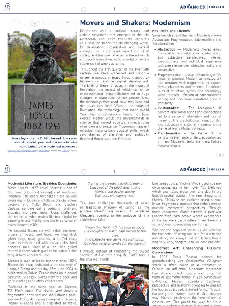 Modernism Reading Comprehension | PDF | Modernism | James Joyce