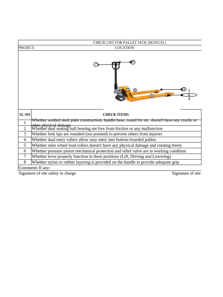 Pallet Jack Manual Inspection Checklist | PDF