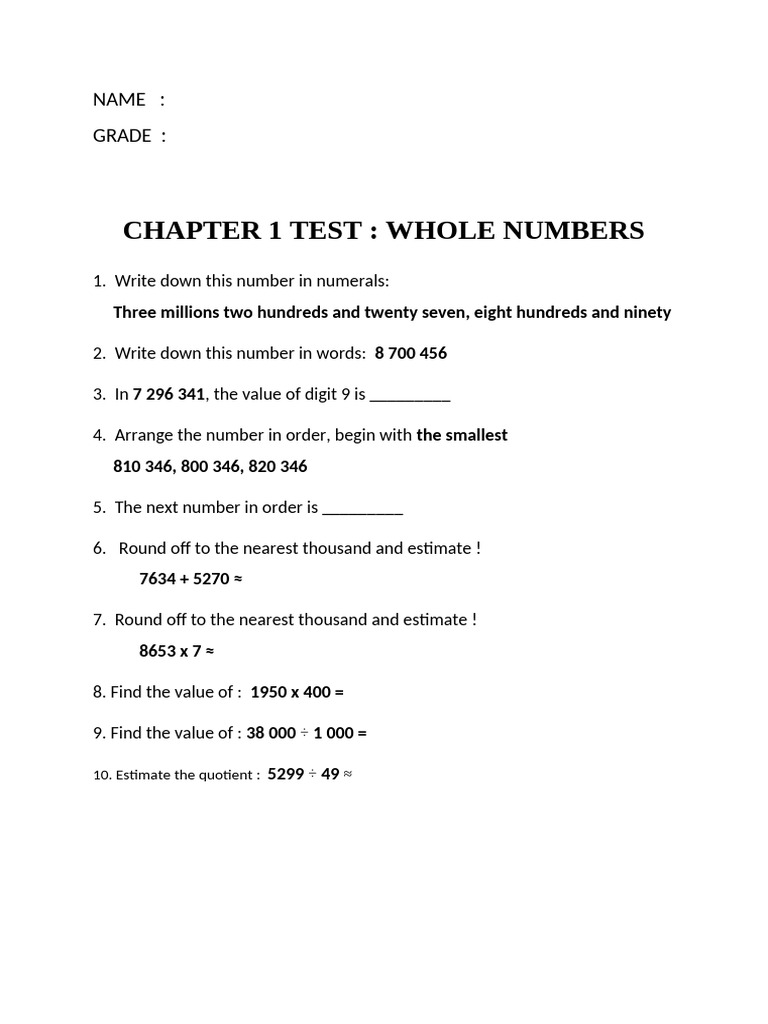 Chapter 1 Test Whole Numbers | PDF