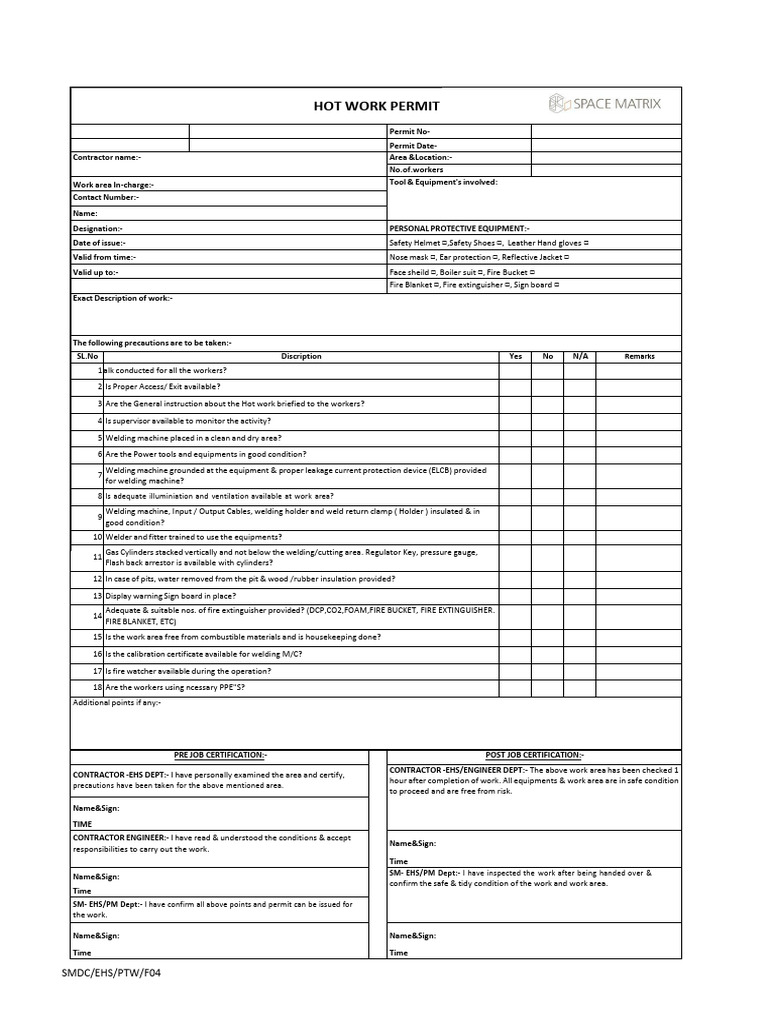 Hot Work Permit Template South Africa | PDF | Welding | Construction