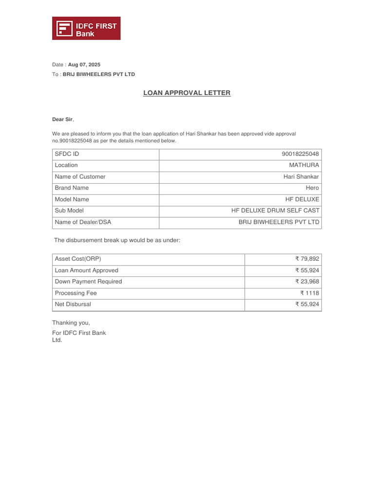 Loan Approval for Hero HF Deluxe | PDF | Business