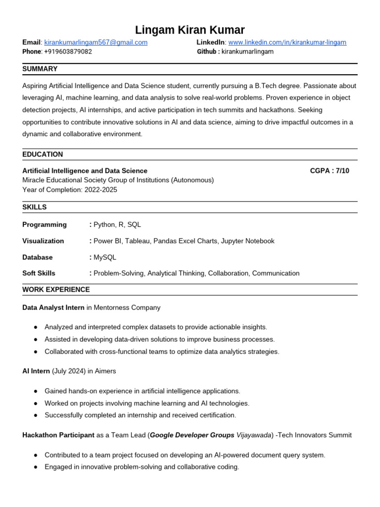 Kiran Kumar Lingam Resume | PDF | Artificial Intelligence ...