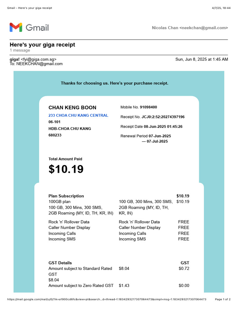 Giga Receipt for 100GB Plan | PDF | Telecommunications | Service Industries