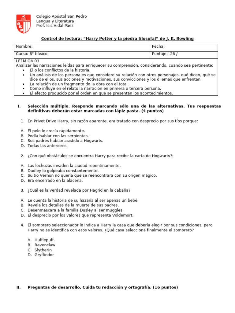 Control de Lectura - Harry Potter y La Piedra Filosofal - 2025 | PDF ...