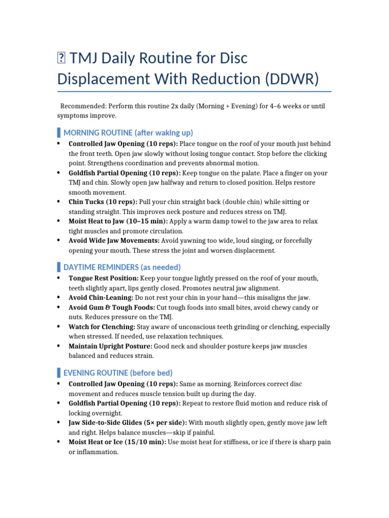 TMJ Daily Routine DDWR Chart With Explanations | PDF | Diseases And ...